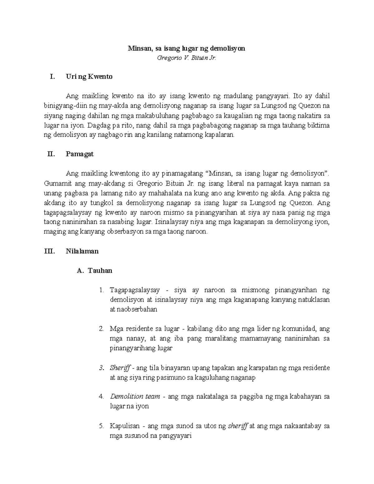 Pagsusuri sa Maikling Kwento: "Minsan, sa Isang Lugar ng Demolisyon ...