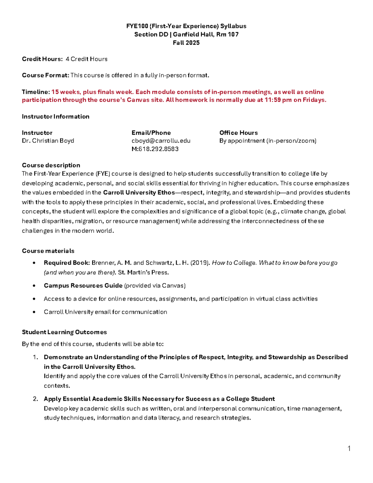 FYE100: First-Year Experience Syllabus & Course Overview - Fall 2025 ...