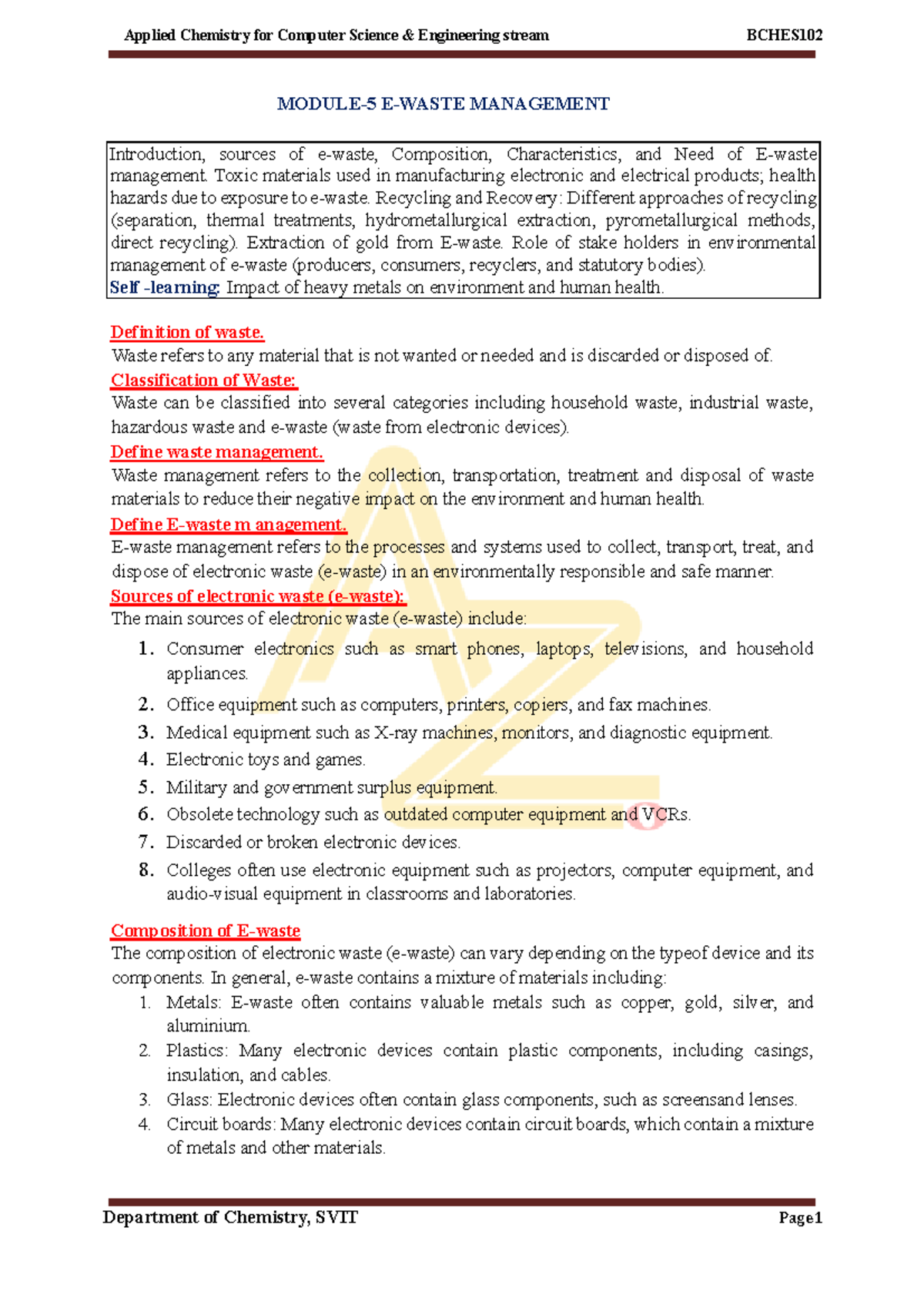 BCHES102 Applied Chemistry: E-Waste Management & Recycling Approaches ...