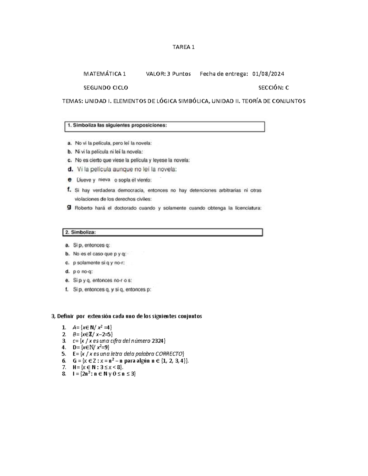TAREA 1 MATEMÁTICA 1: Elementos de Lógica Simbólica y Teoría de ...