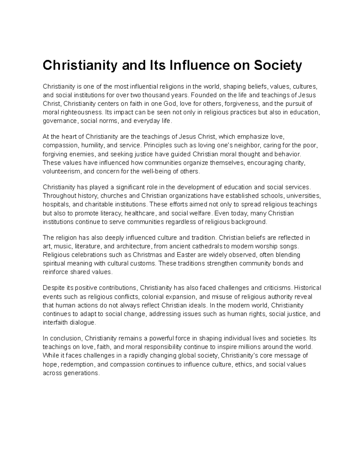 Christianity's Impact on Society - ESSAY - Studocu
