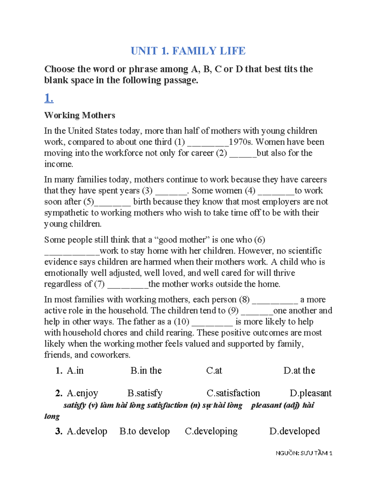 UNIT 1 - FAMILY LIFE: Reading Comprehension for Grade 10 Students - Studocu