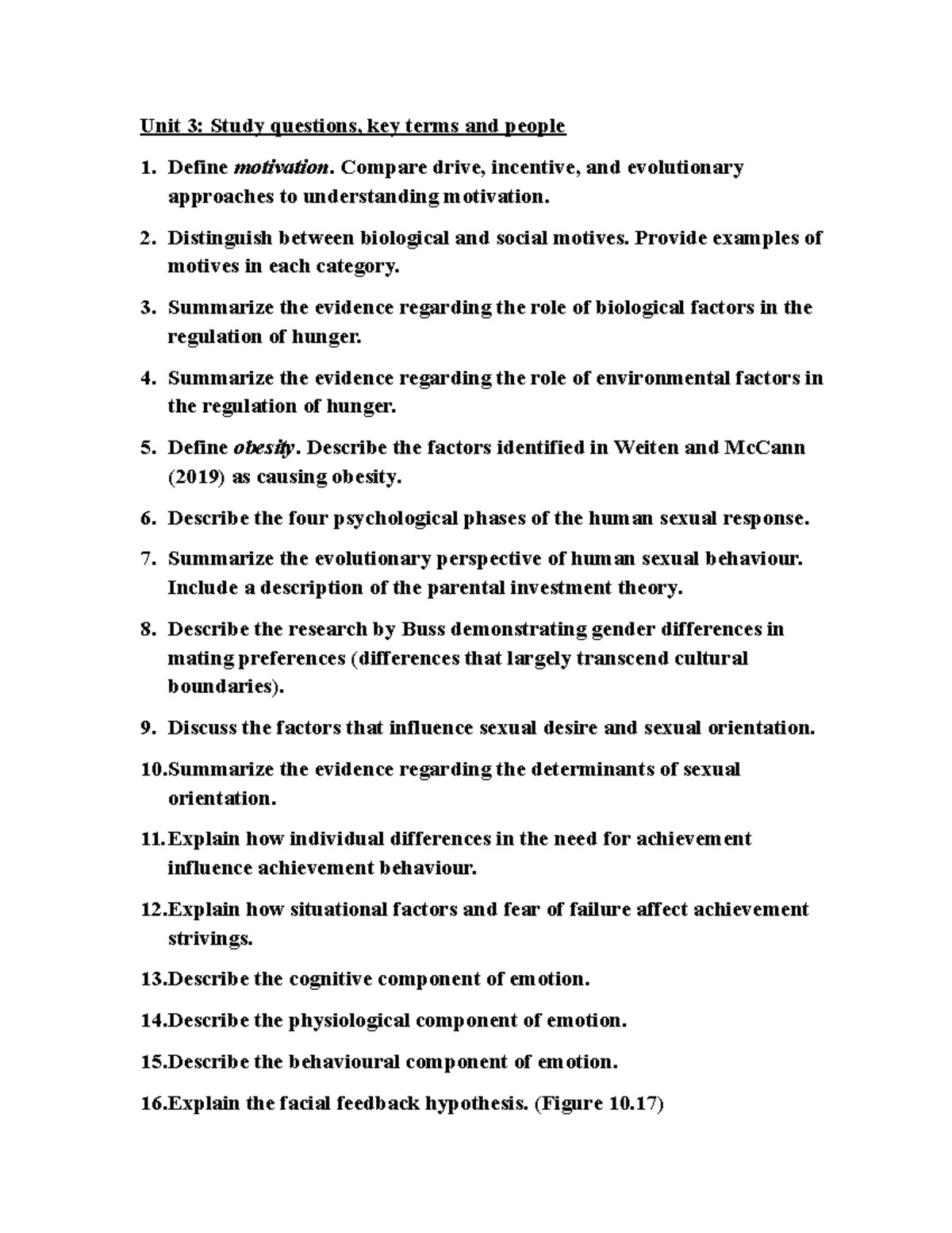 Unit 3: Key Terms & Study Questions on Motivation & Emotion - Studocu
