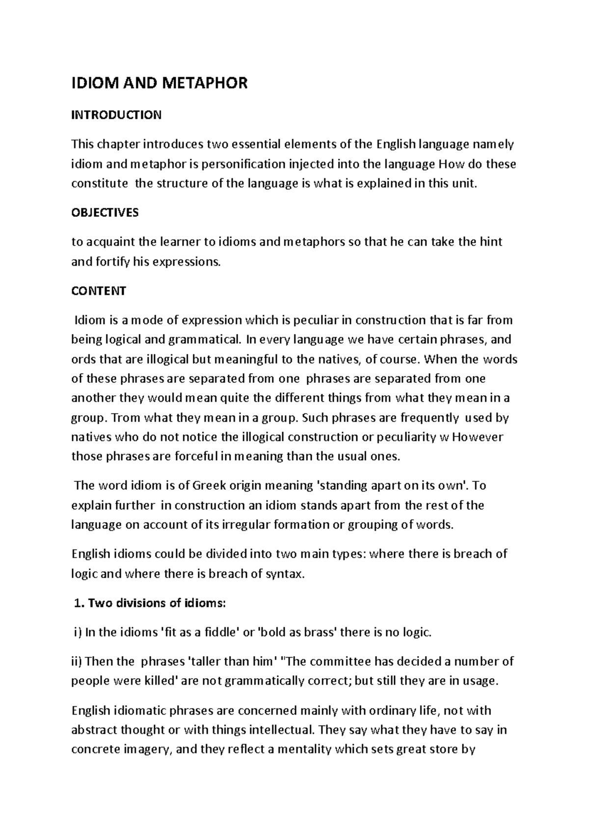 Idioms and Metaphors: Key Concepts in English Language (ENG101) - Studocu