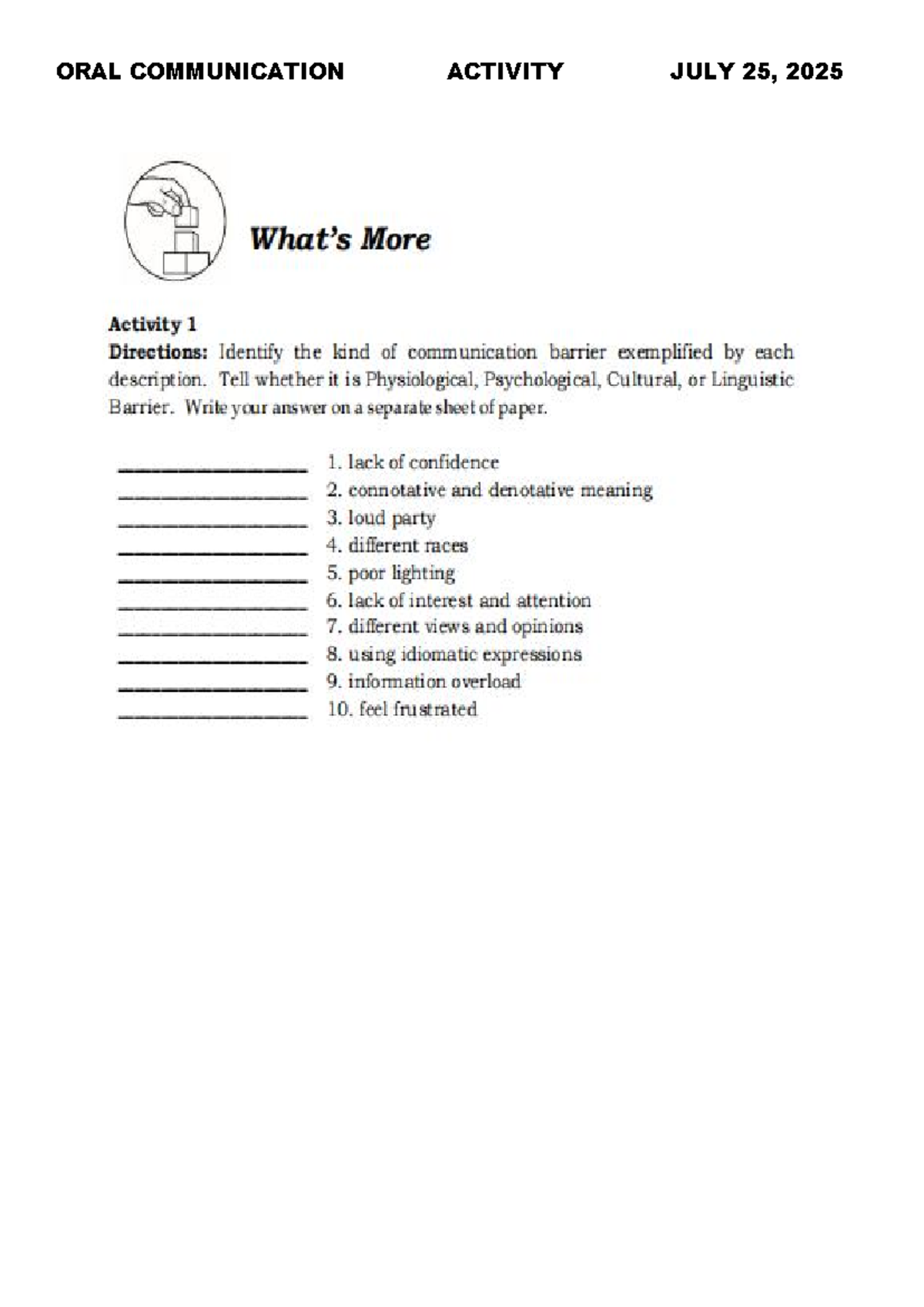 ORAL COMMUNICATION ACTIVITY (2025) - Identifying Barriers - Studocu