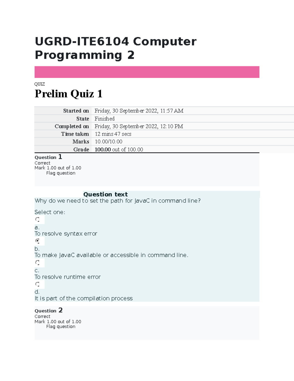Ite6104 Computer Programming 2 Prelim To Final Quiz Ugrd Ite6104 Computer Programming 2 Quiz