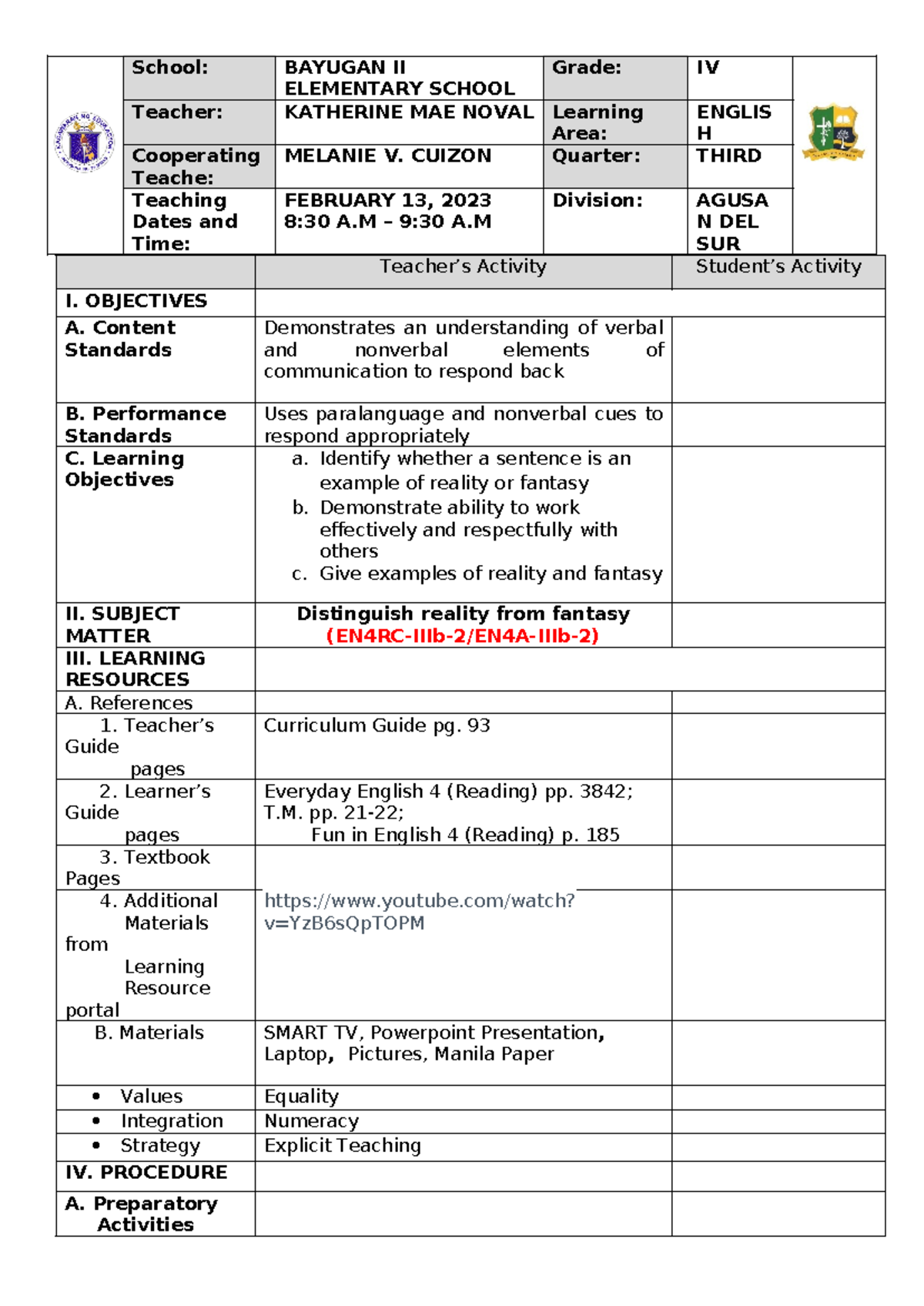 Eng 4 Lesson Plan: Distinguishing Reality from Fantasy - Studocu