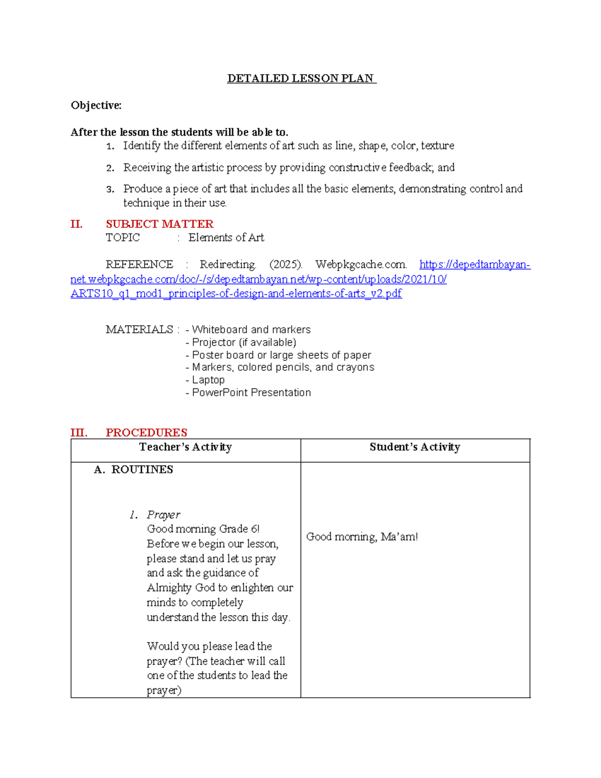Grade 6 Art Lesson Plan: Exploring the Elements of Art - Studocu