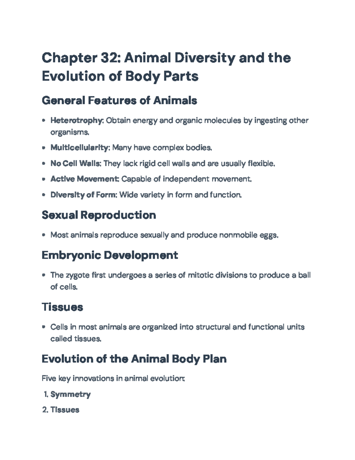 Animal Diversity and Evolution of Body Parts - Chapter 32 Notes ...