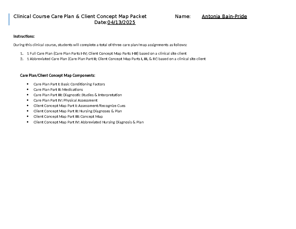 Clinical Course Care Plan: Client Concept Map for Antonia (NUR 301 ...