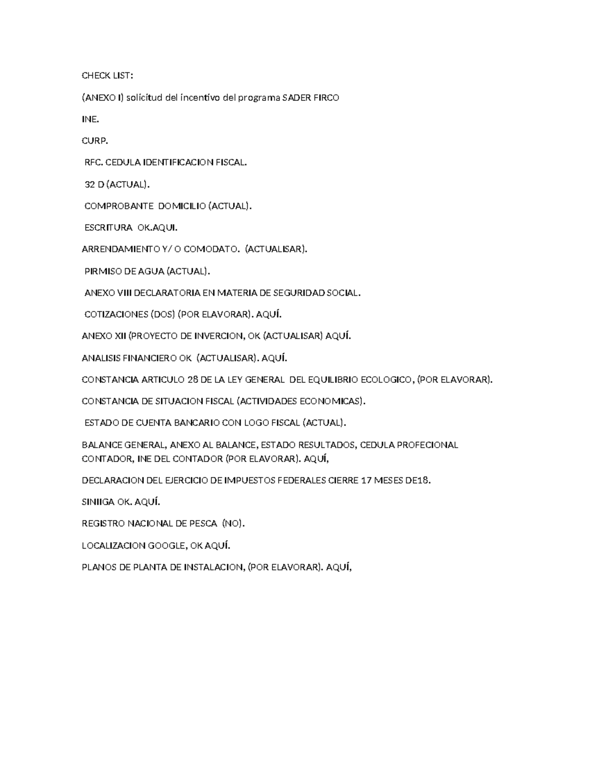 Check LIST Proyectos Firco JSAH, LCOO, RPR - CHECK LIST: (ANEXO I ...