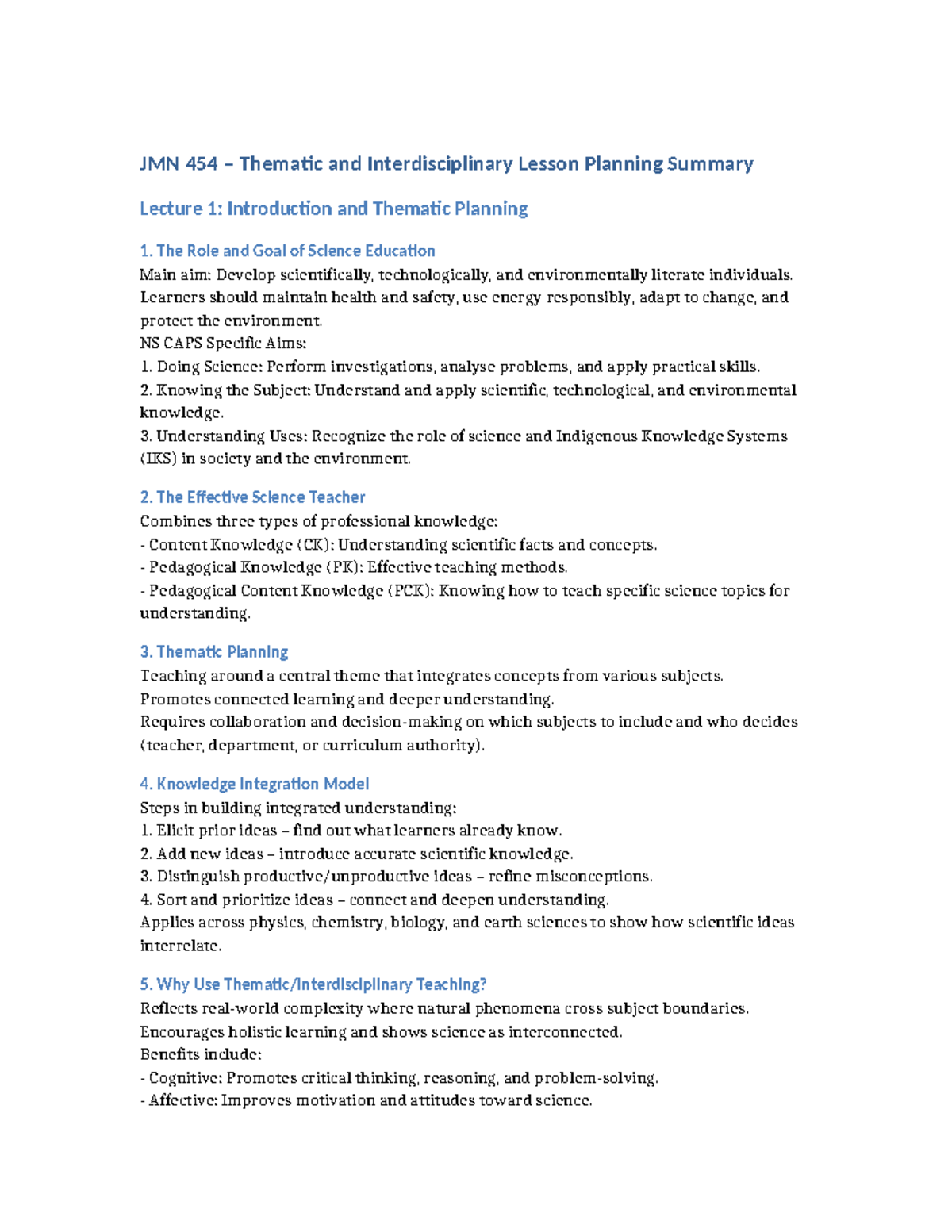 JMN 454 Summary of Thematic & Interdisciplinary Lesson Planning - Studocu