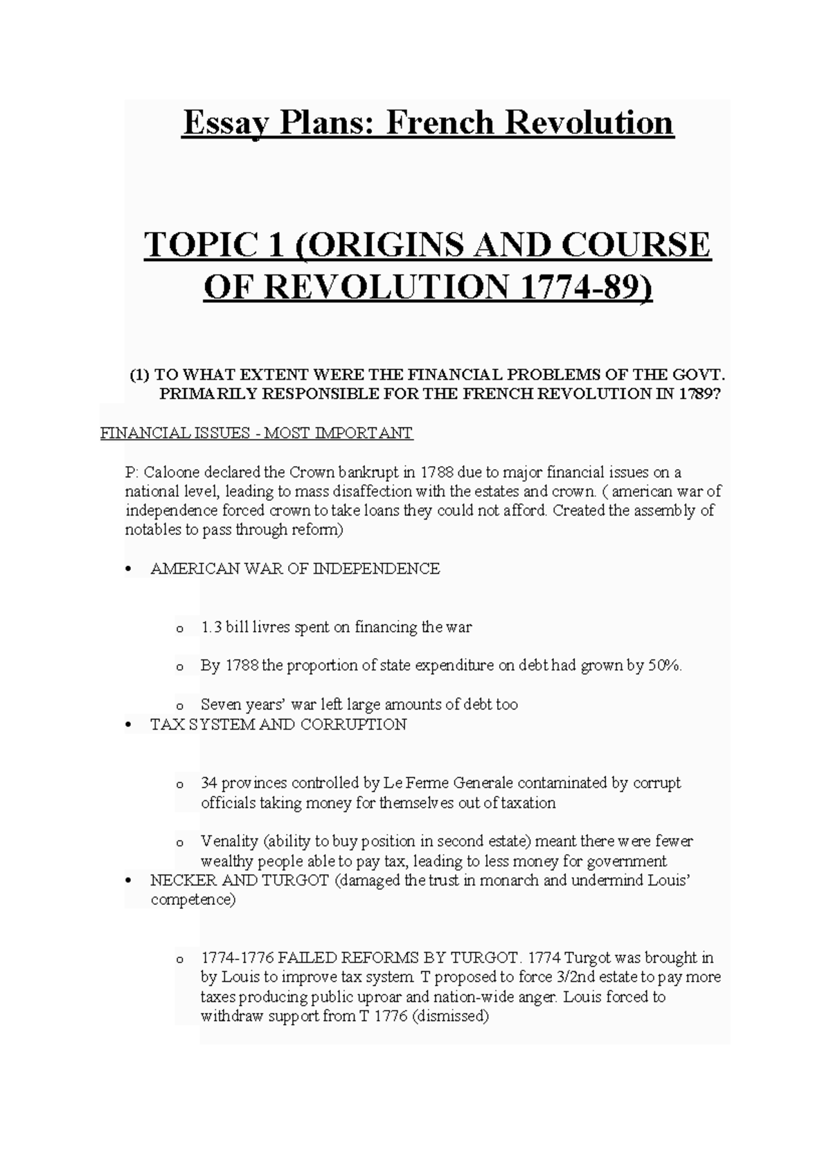 French Revolution Essay Plans: Financial and Political Causes (HIST101 ...