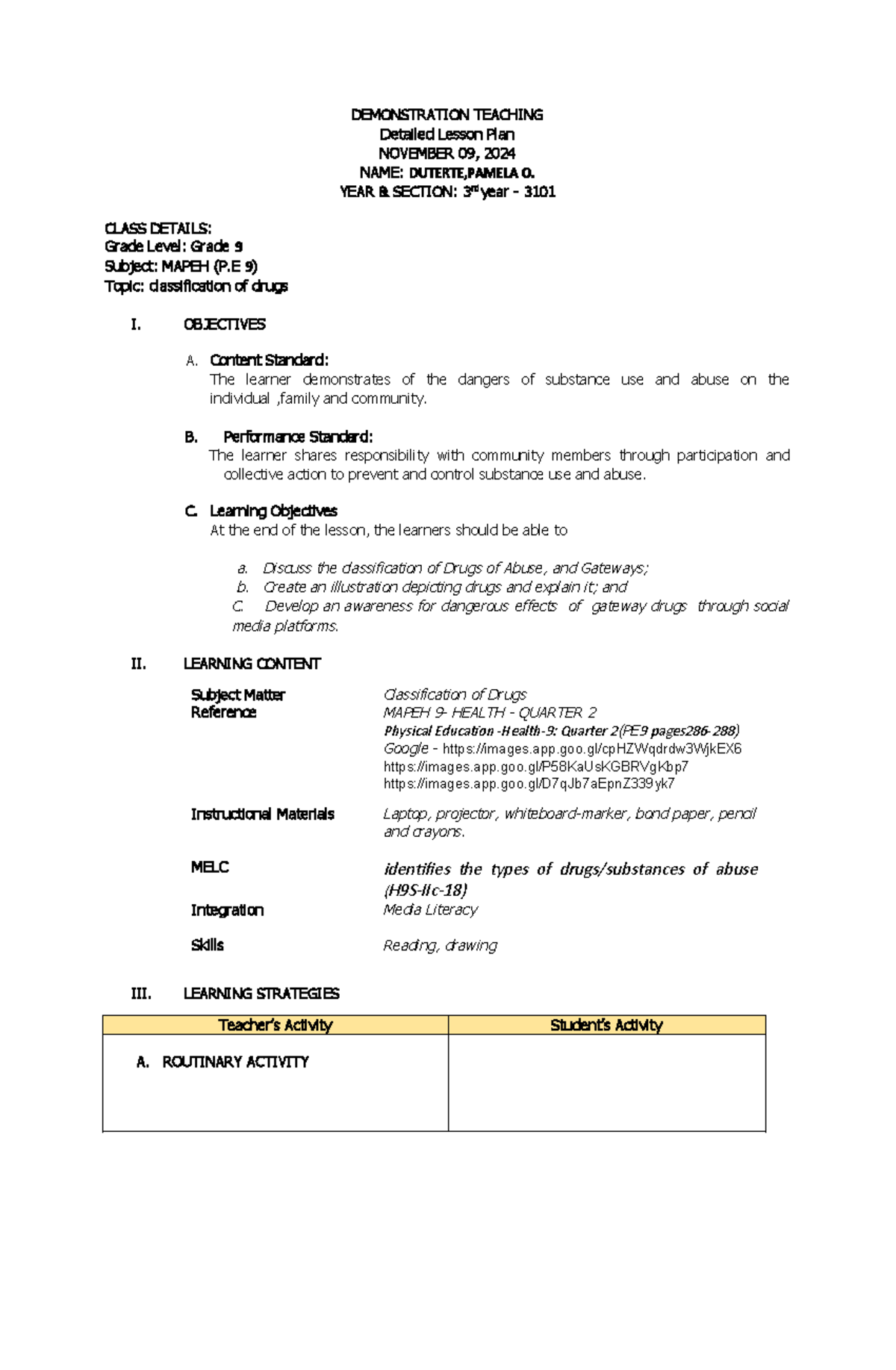 DLP: Detailed Lesson Plan on Drug Classification for MAPEH 9 - Studocu