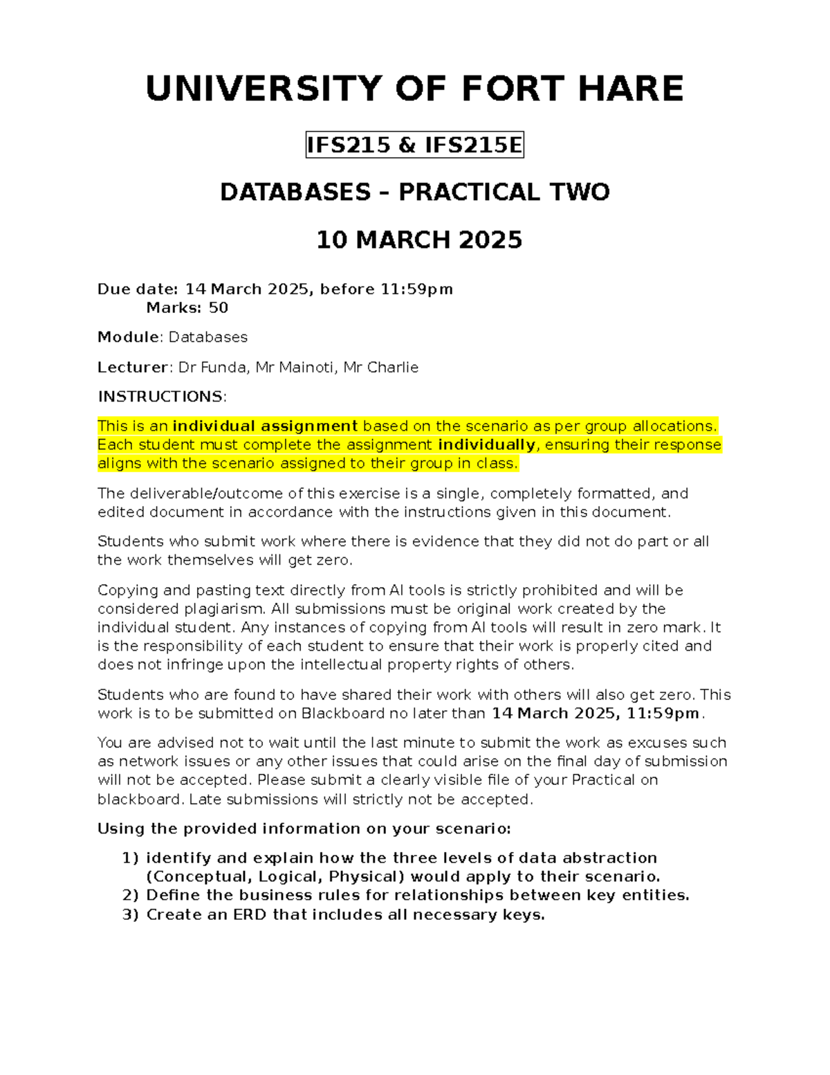 IFS215E Databases Practical Two: Data Abstraction & ERD Guide - Studocu