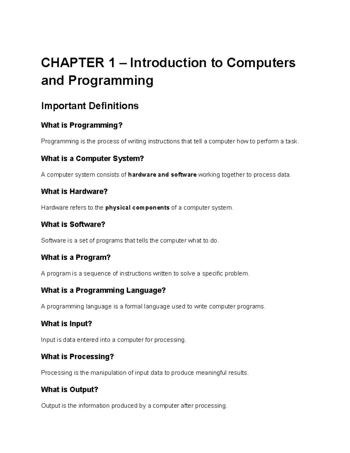 MIDTERM NOTES: Key Definitions in Computers & Programming - Studocu