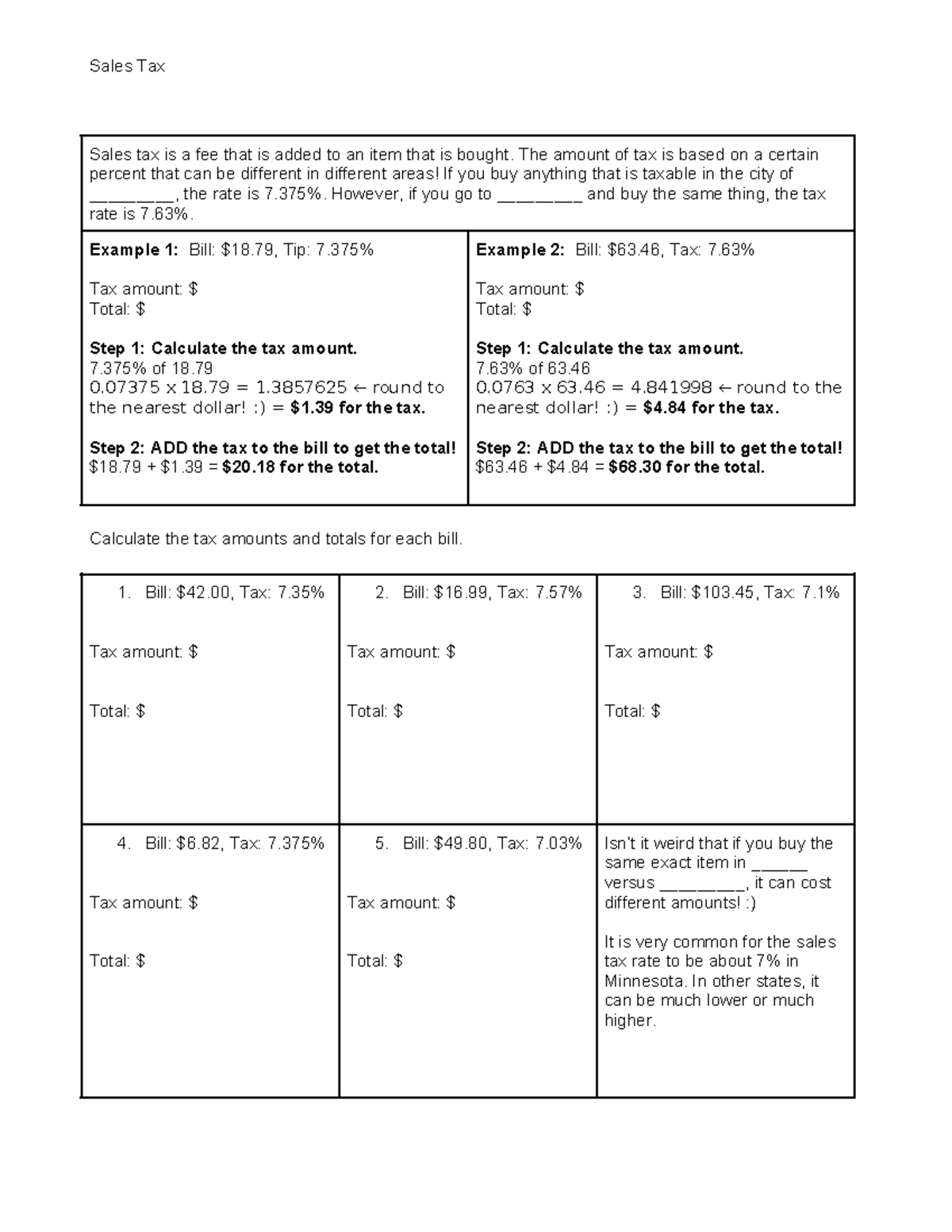 Sales Tax Worksheet-1 - Idk - Sales Tax Sales tax is a fee that is ...