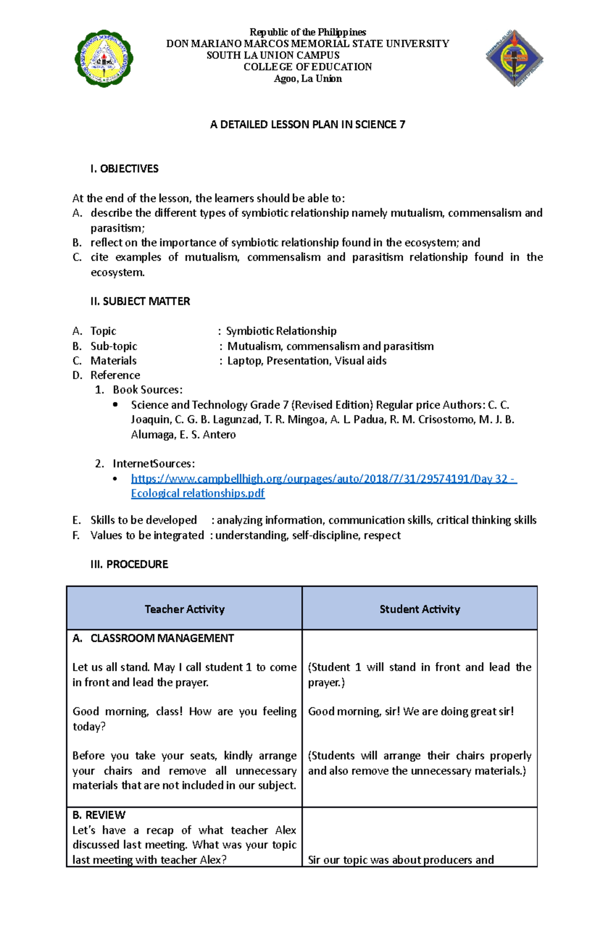 Science 7: Detailed Lesson Plan on Symbiotic Relationships - Studocu