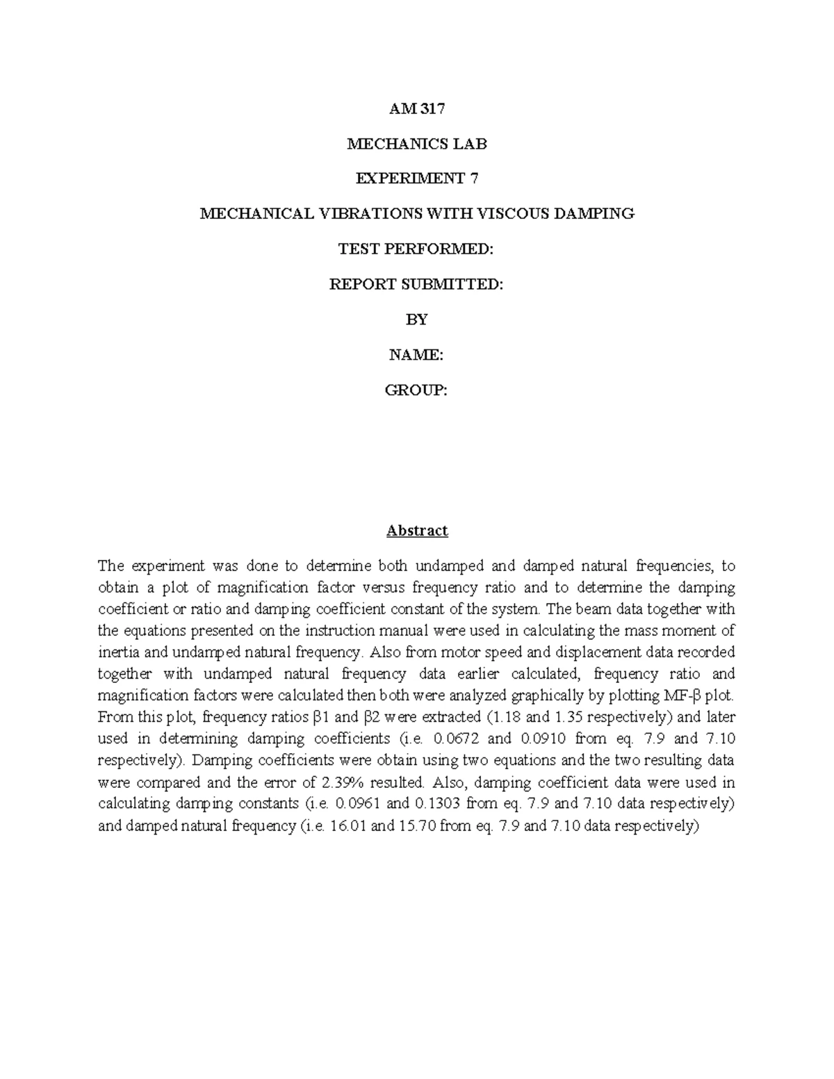 Beam deflections - Lab report - AM 317 MECHANICS LAB EXPERIMENT 1 BEAM ...