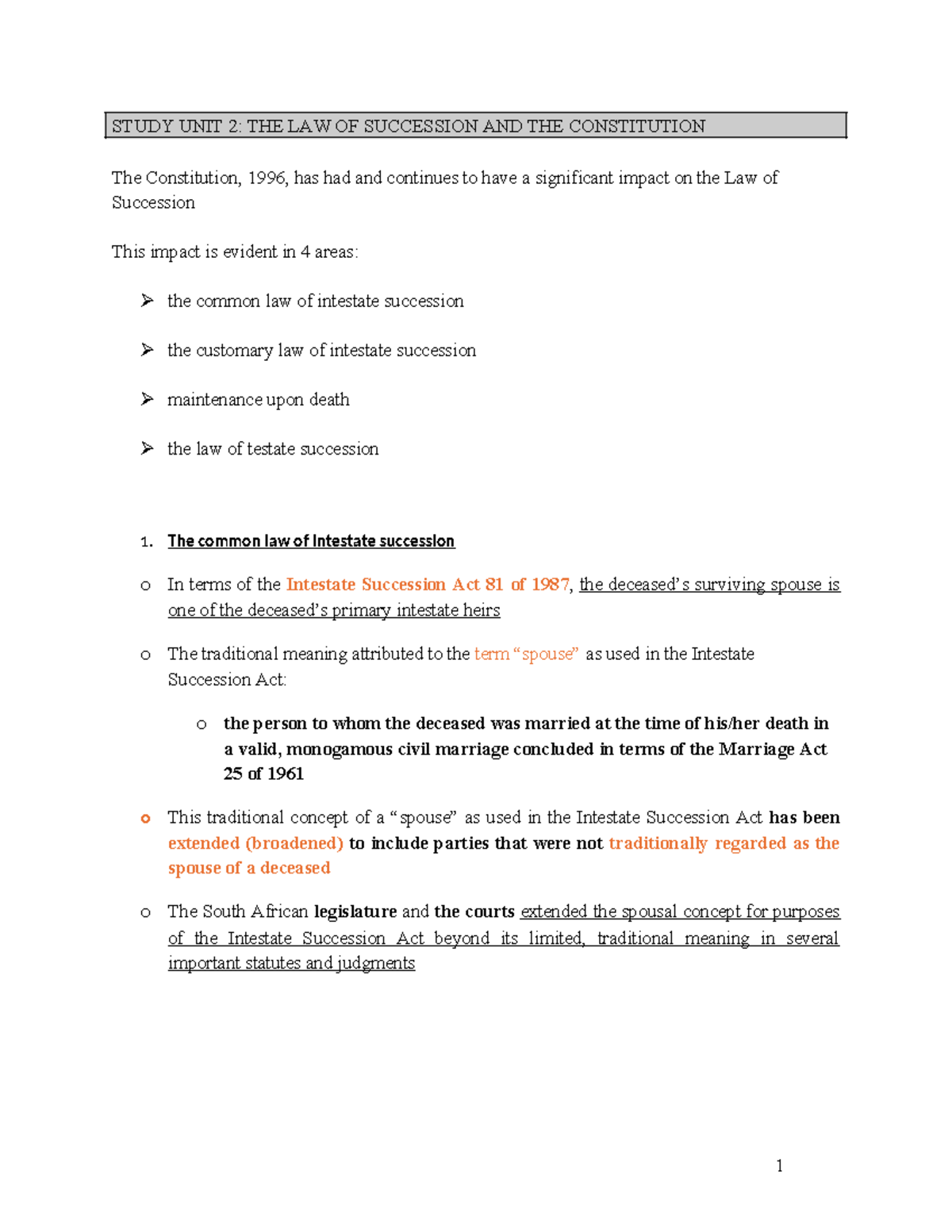 LAW OF SUCCESSION: Study Unit 2 - Impact of the Constitution - Studocu