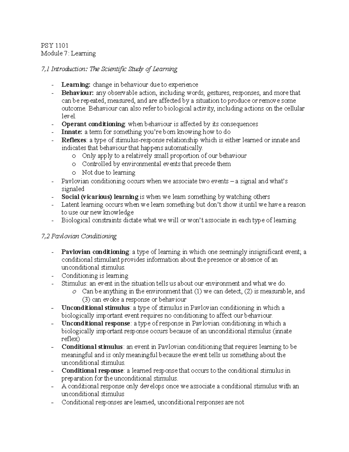PSY 1101 Learning Module 7: Notes on Conditioning and Learning Types ...