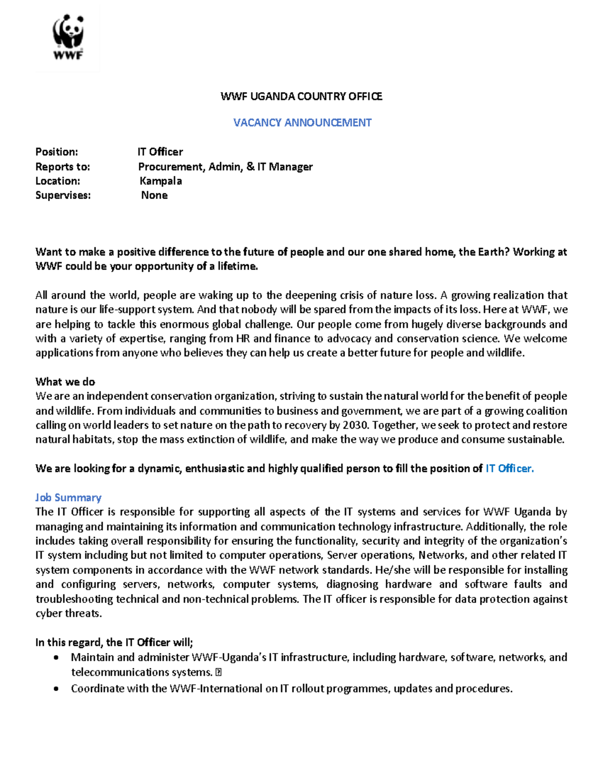 IT Officer Vacancy Announcement at WWF Uganda - Studocu