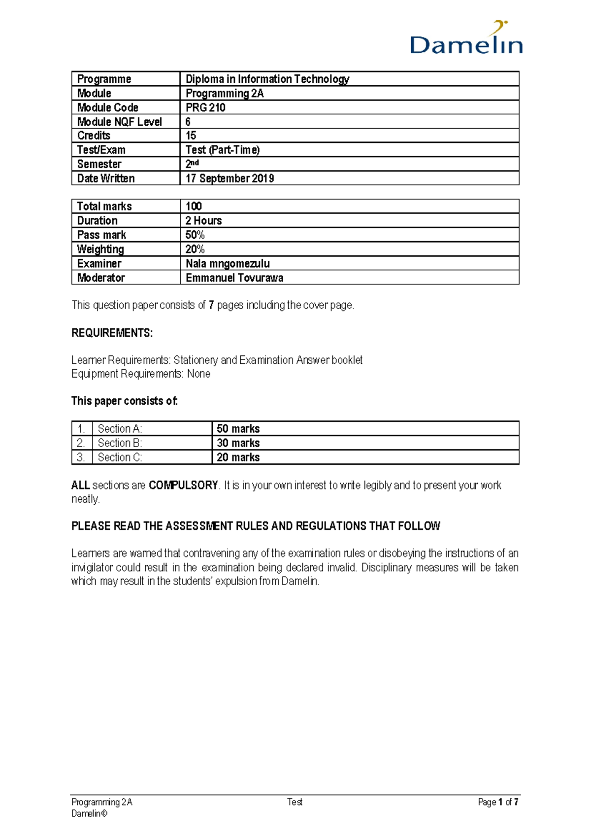 Programming 2A PT Test - September 2019 Exam Instructions & Questions ...