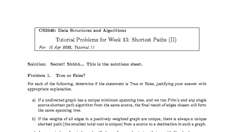 Cs2040 Data Structures Algorithms Tutorial 11 Solutions Shortest