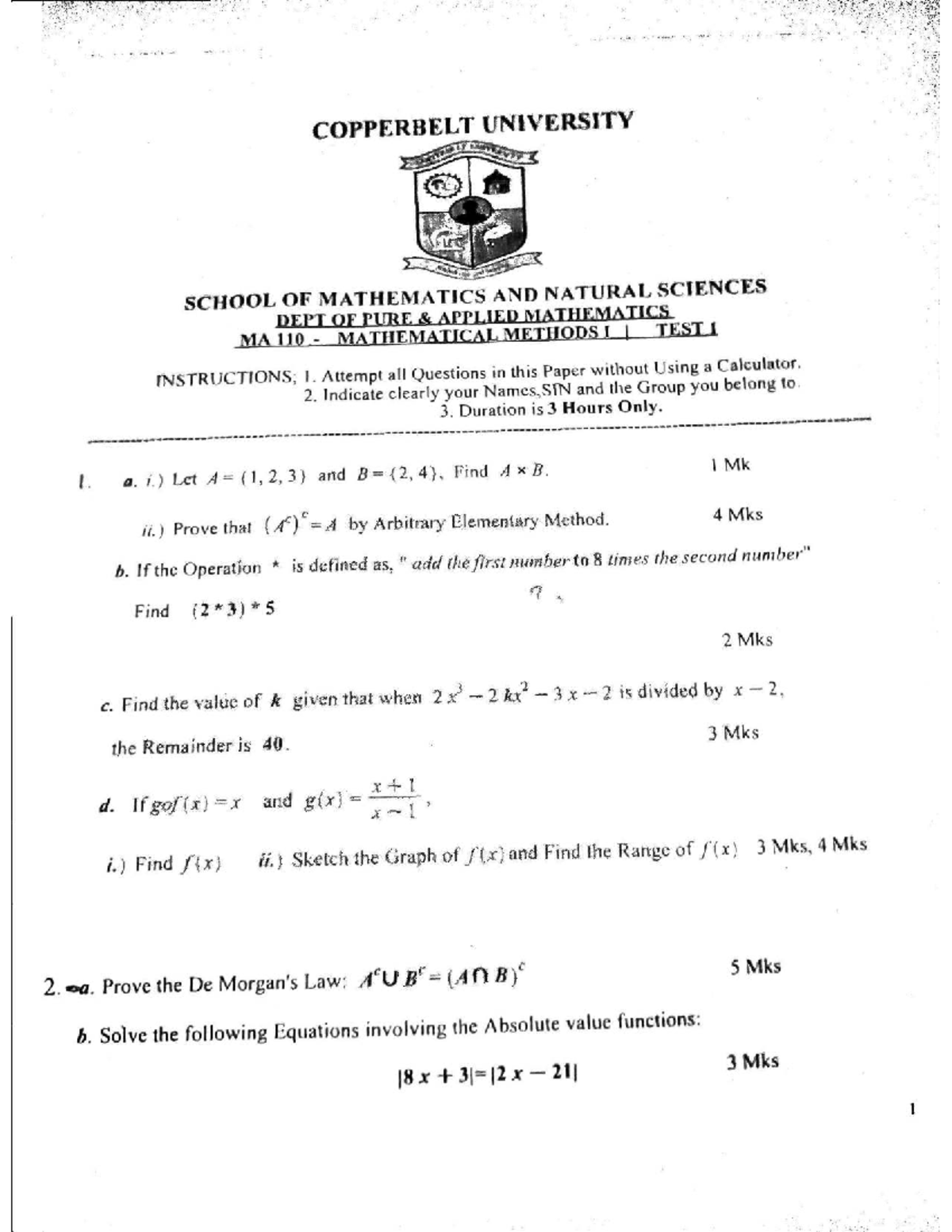 MA 110 Test 1: Mathematical Methods I - 2019 Exam Questions - Studocu
