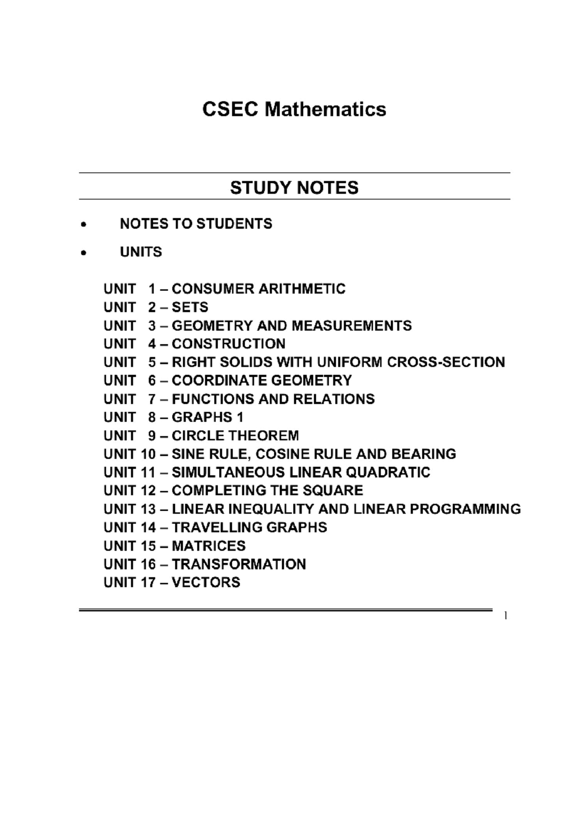 CSEC Mathematics Study Notes: Key Concepts and Units Overview - Studocu