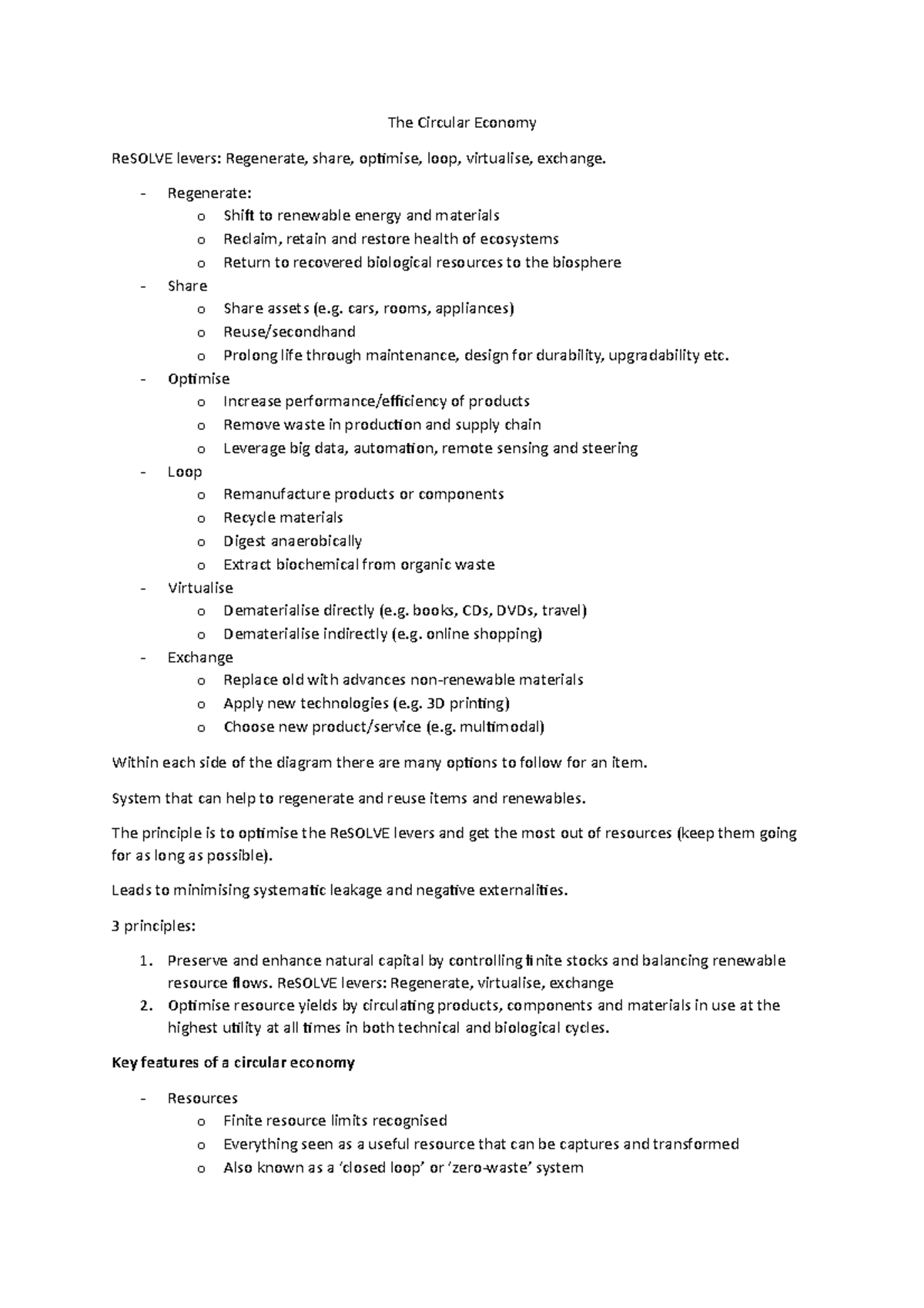 Circular Economy - Lecture Notes 1: ReSOLVE Levers & Key Features - Studocu