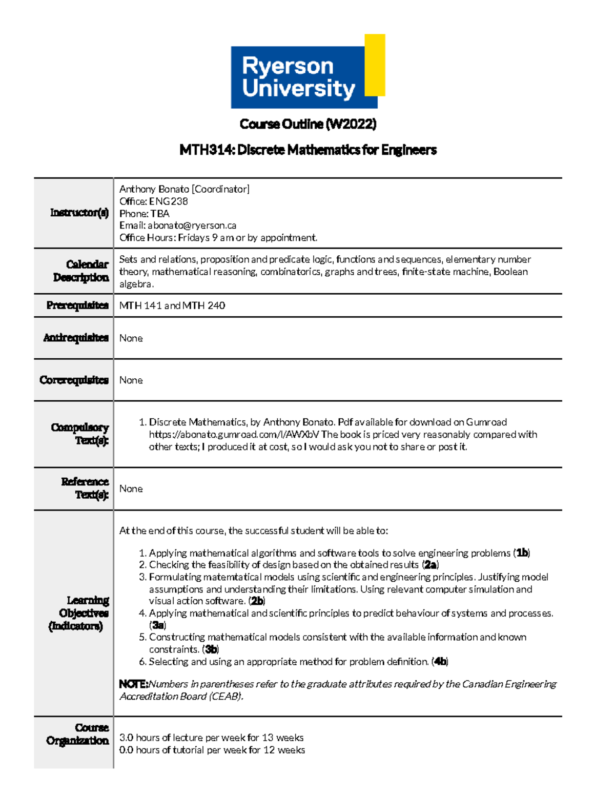 MTH314-W2022-Discrete Math for Engineers Course Outline - Studocu