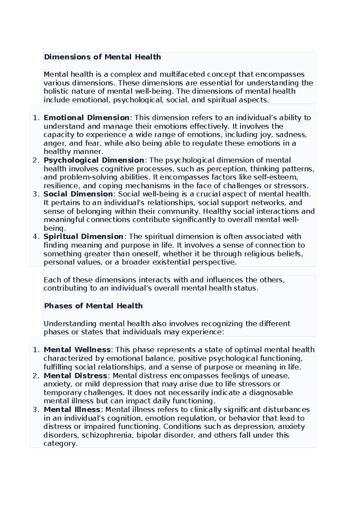 Dimensions and Phases of Mental Health: A Comprehensive Overview - Studocu