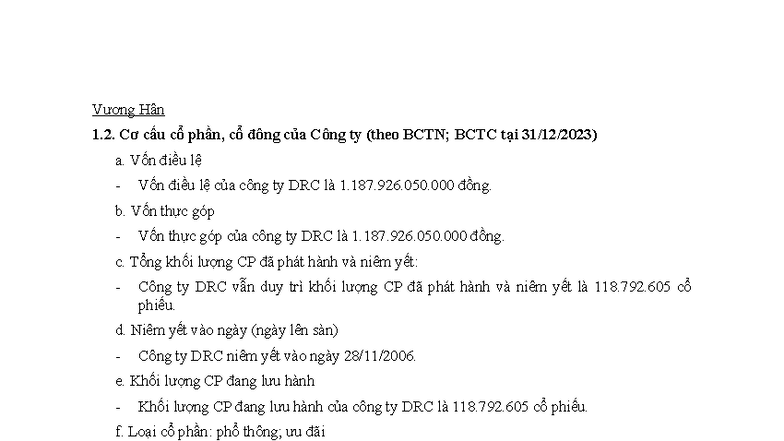 Cơ cấu cổ phần và cổ đông của Công ty DRC (BCTC 2023) - Studocu