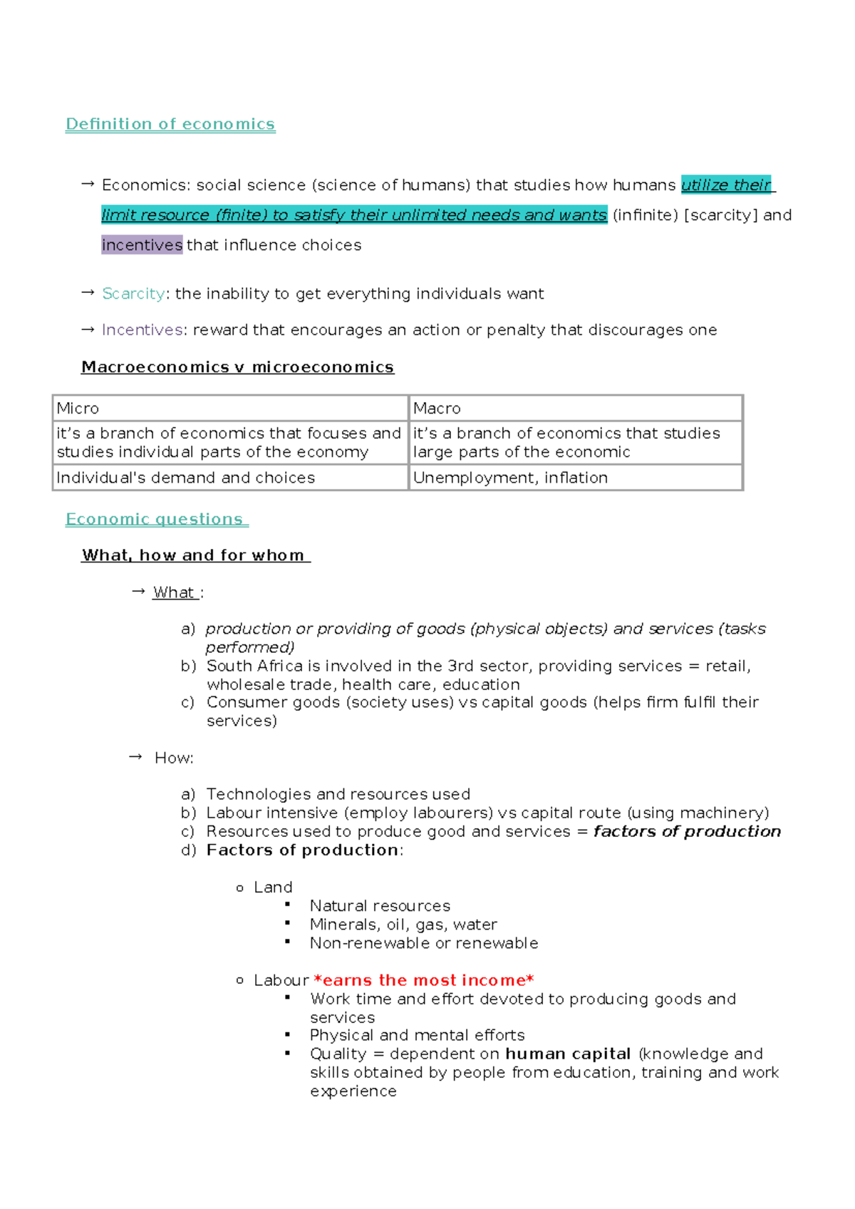 Economics Chapter 1 Notes: Scarcity, Choices, and Incentives - Studocu
