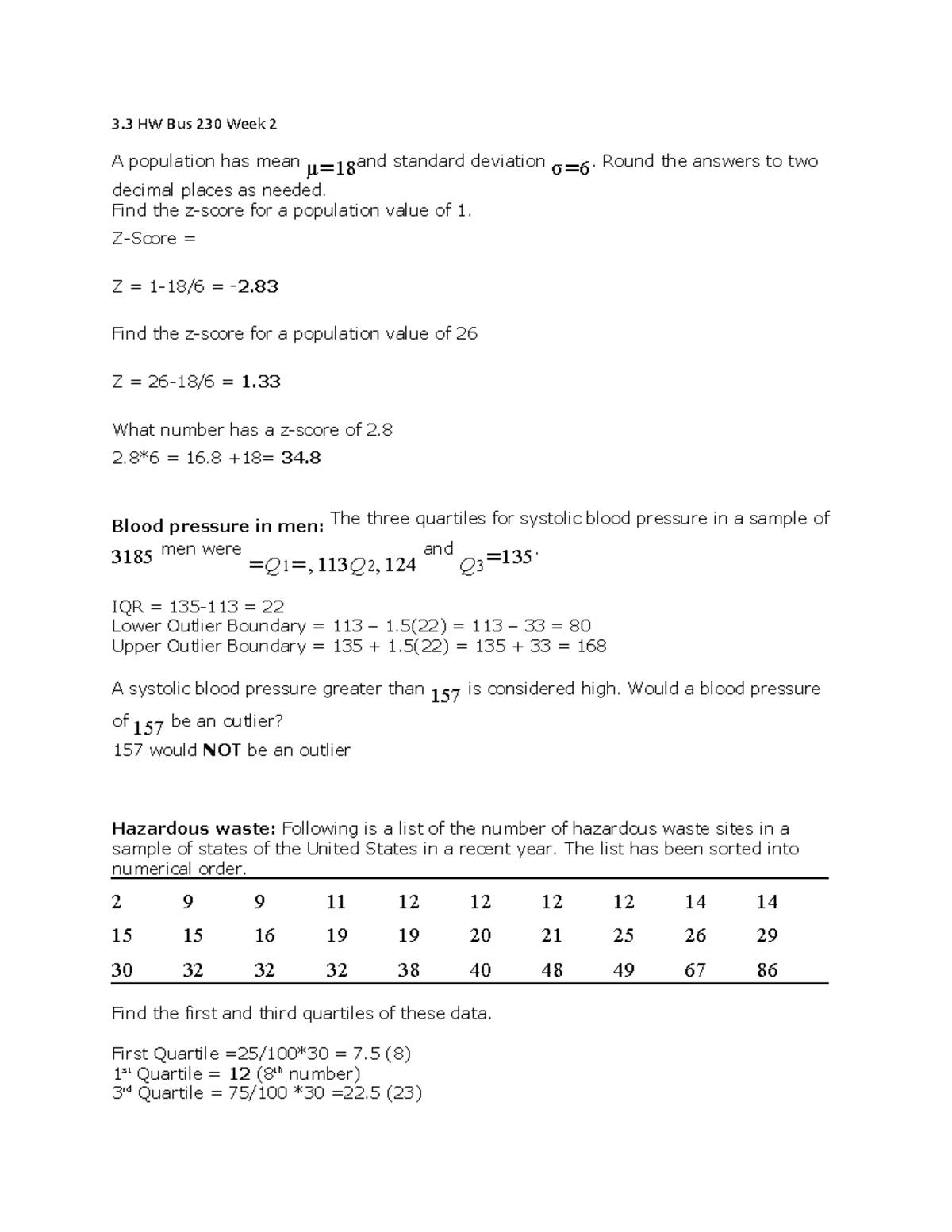 BUS 230 Homework 3 - Z-Scores, Quartiles, Outliers Analysis - Studocu