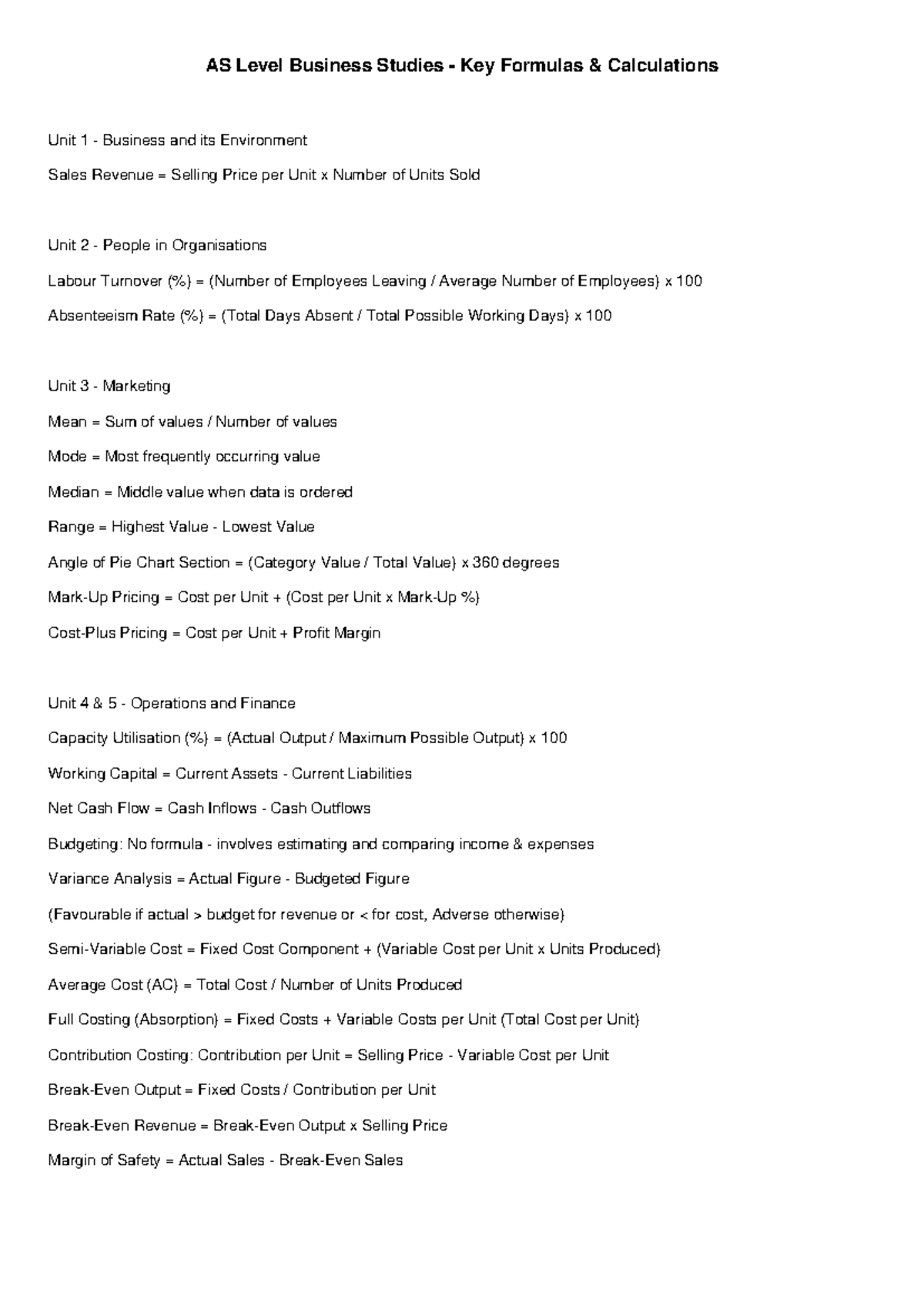 AS Level Business Studies Formulae Reference Guide - Studocu