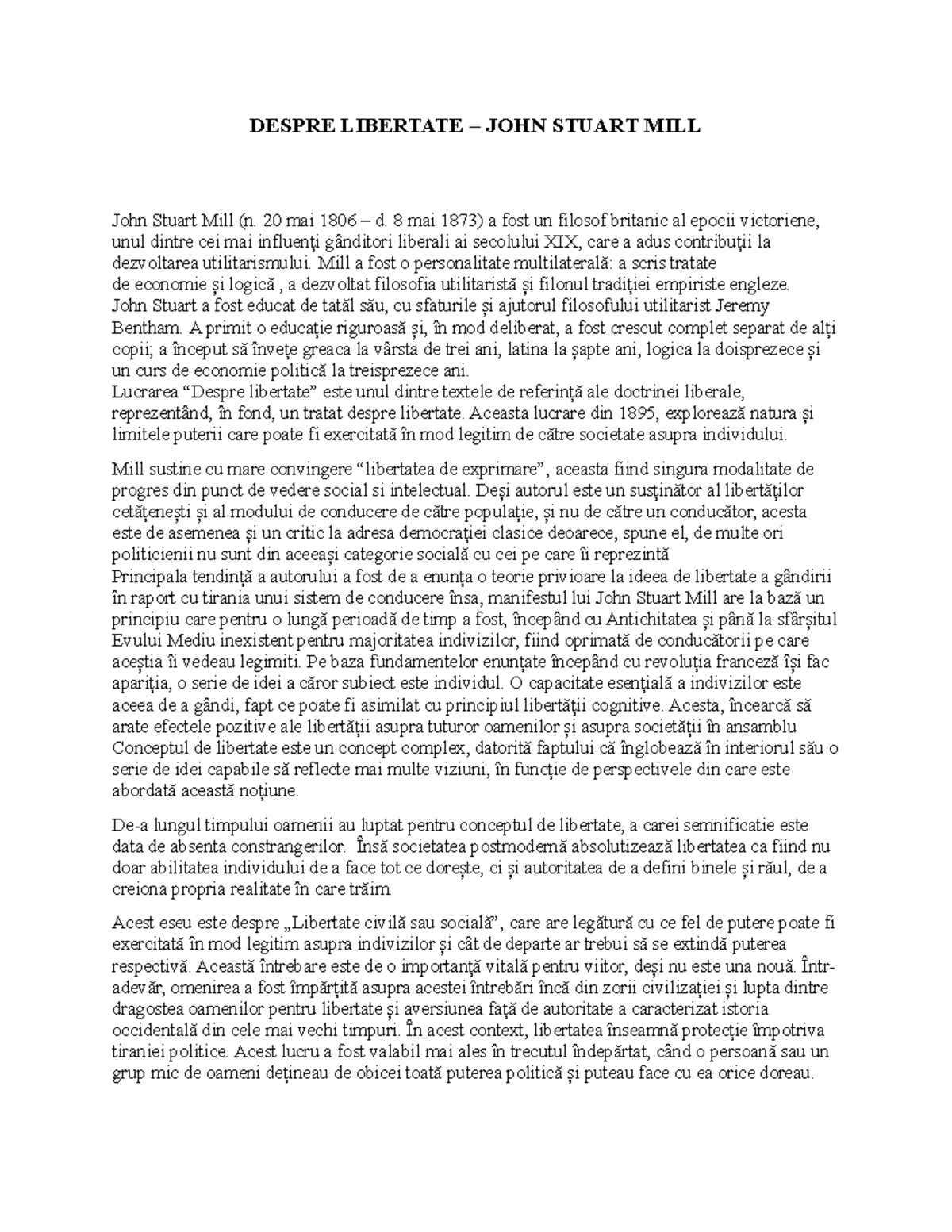 Despre Libertate - DESPRE LIBERTATE – JOHN STUART MILL John Stuart Mill ...