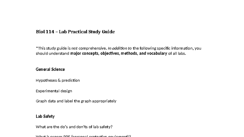 Biol 114 – Comprehensive Lab Practical Study Guide and Key Concepts ...