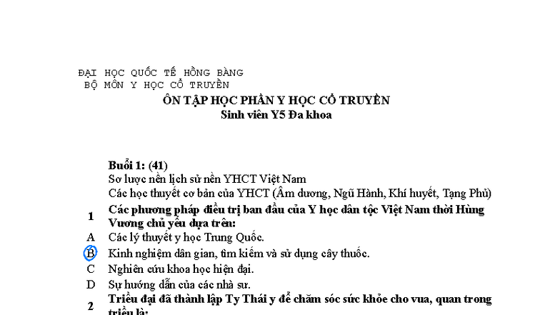 ÔN TẬP Y HỌC CỔ TRUYỀN (YHCT) - ĐHQT HỒNG BÀNG - Studocu