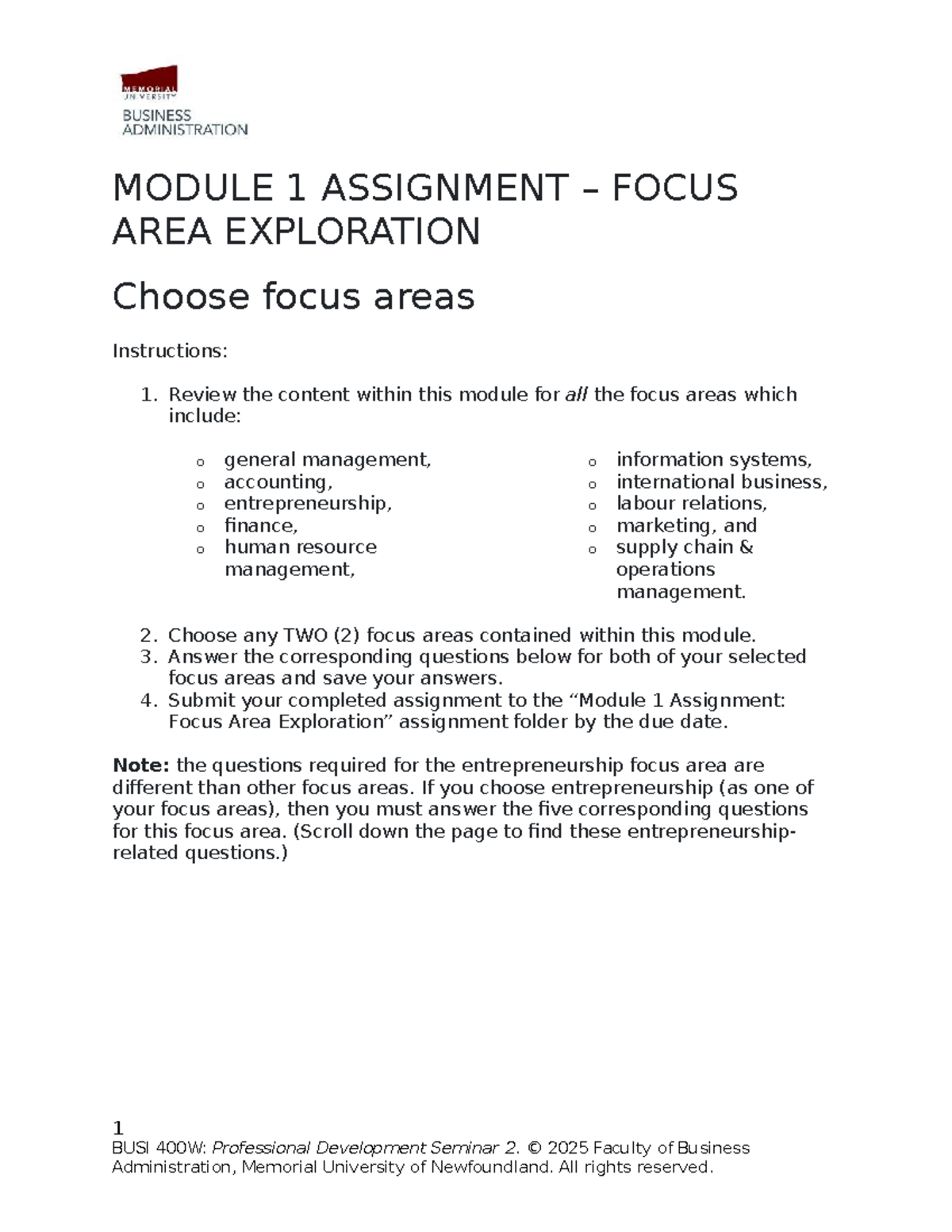 BUSI 400W: Module 1 Assignment - Focus Area Exploration - Studocu
