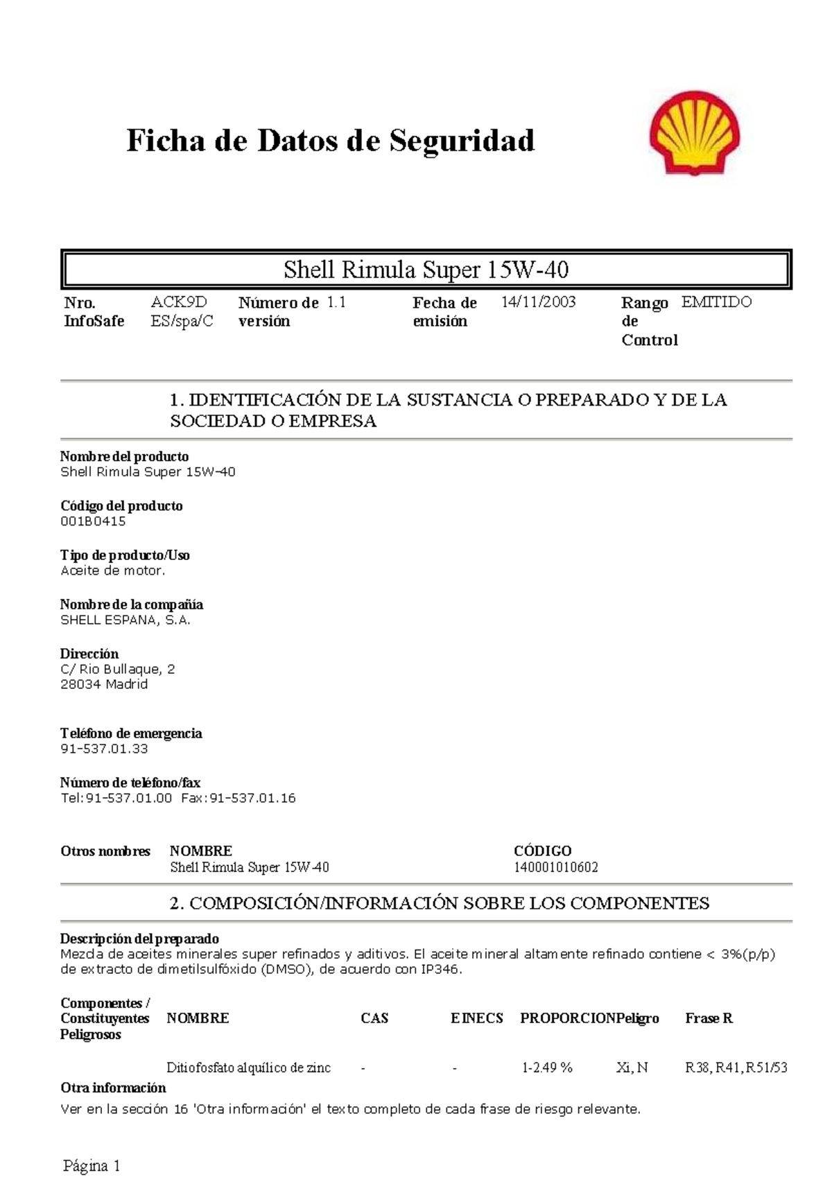 Hoja de Seguridad: Aceite Shell Rimula Super 15W-40 - FDS - Studocu