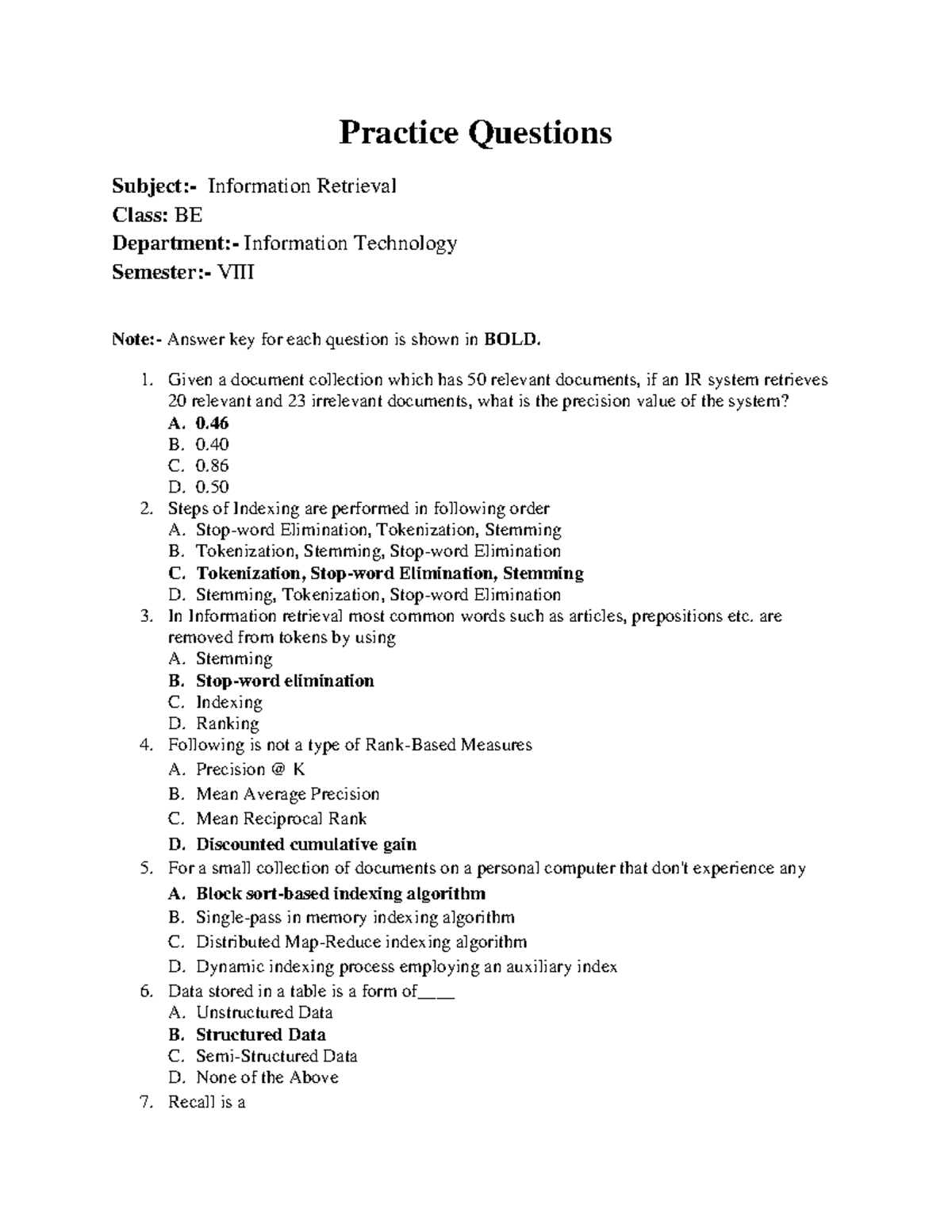 Information Retrieval MCQ Practice - BE IT Sem VIII - Studocu