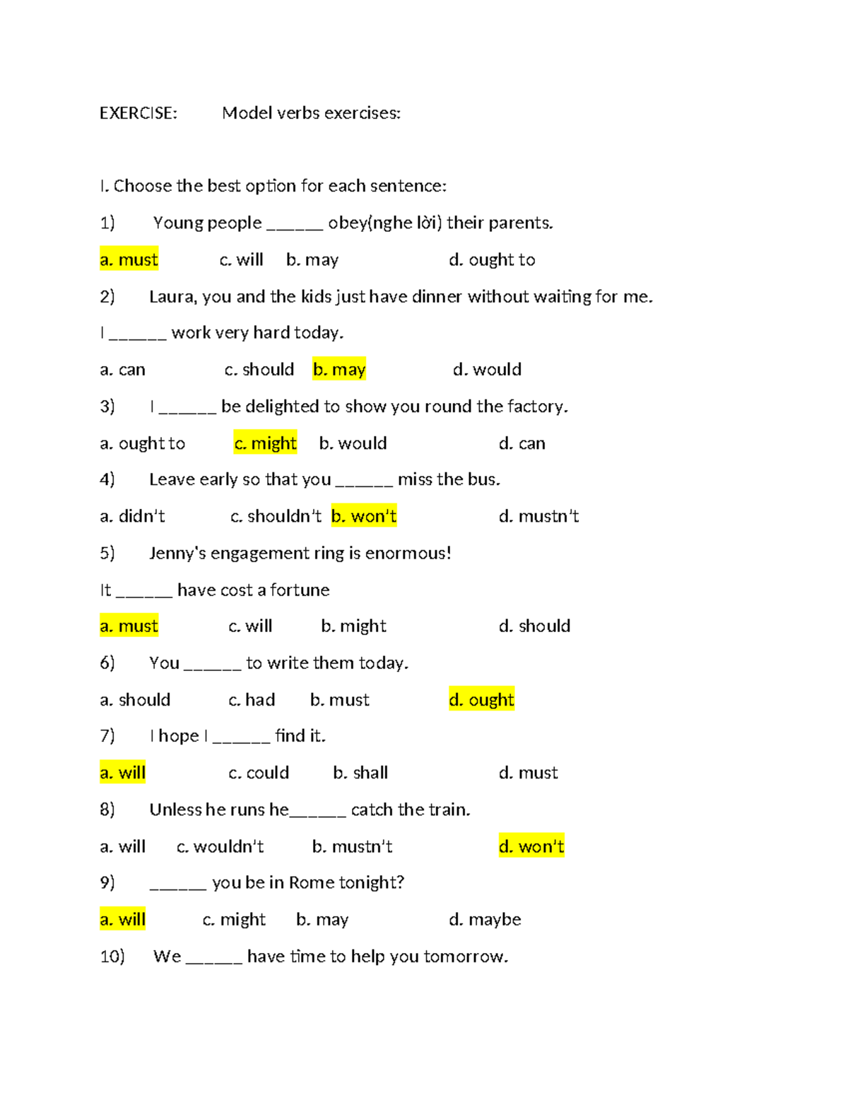 Model word - EXERCISE: Model verbs exercises: I. Choose the best option ...