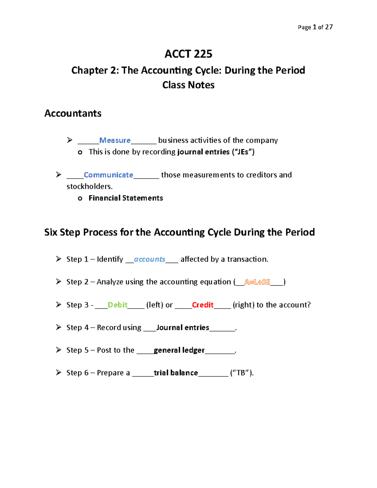 2. ACCT 225 Chapter 2 Class Notes - ACCT 225 Chapter 2: The Accounting ...
