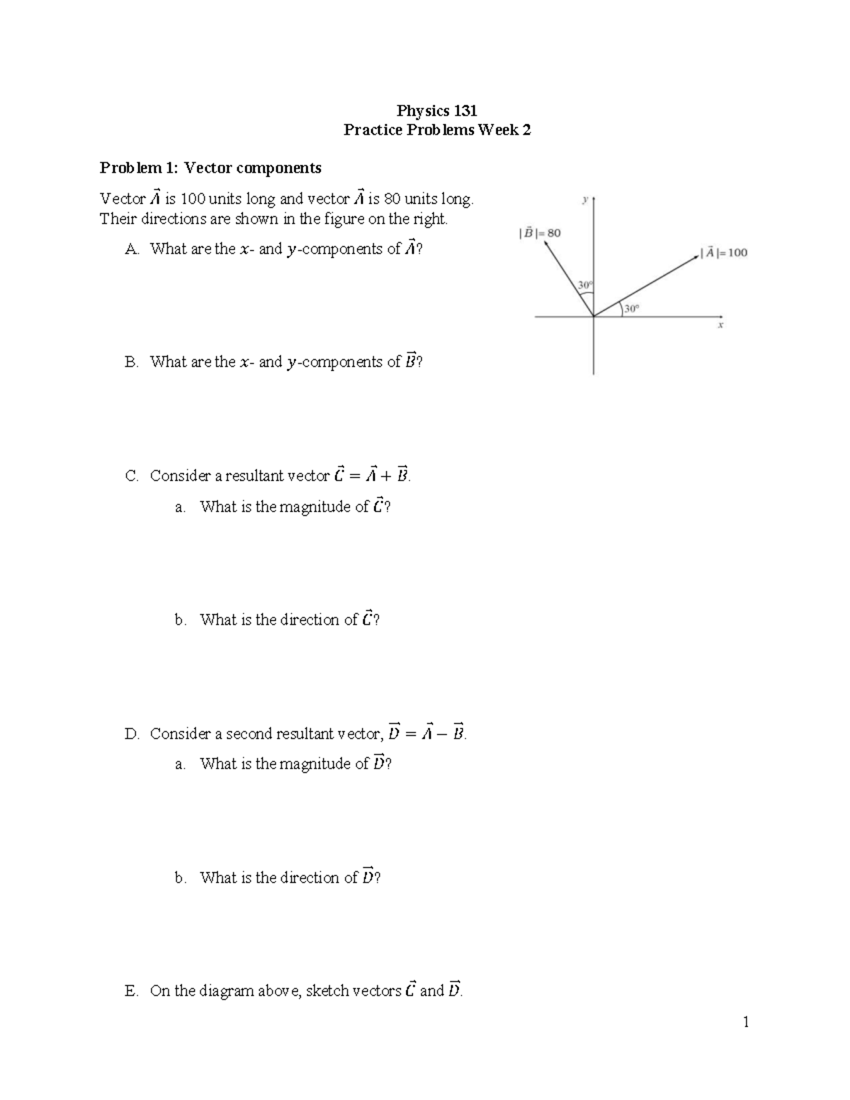 Physics 131 Week 2 Practice Problems: Vectors & Motion Analysis - Studocu