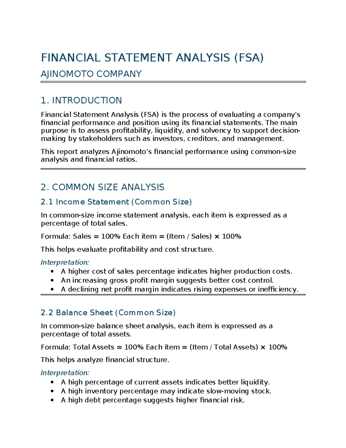 FSA Ajinomoto Company Financial Statement Analysis Report - Studocu