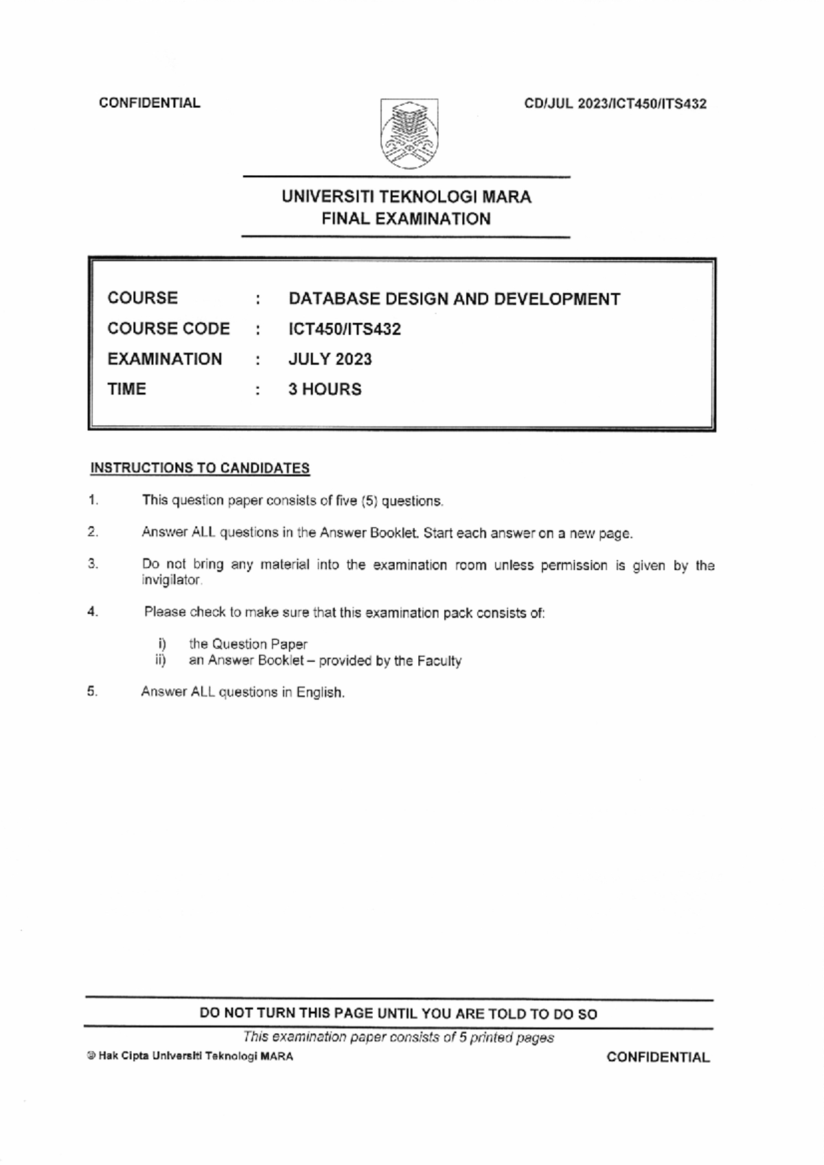 DATABASE DESIGN & DEVELOPMENT FINAL EXAMINATION - JULY 2023 - Studocu