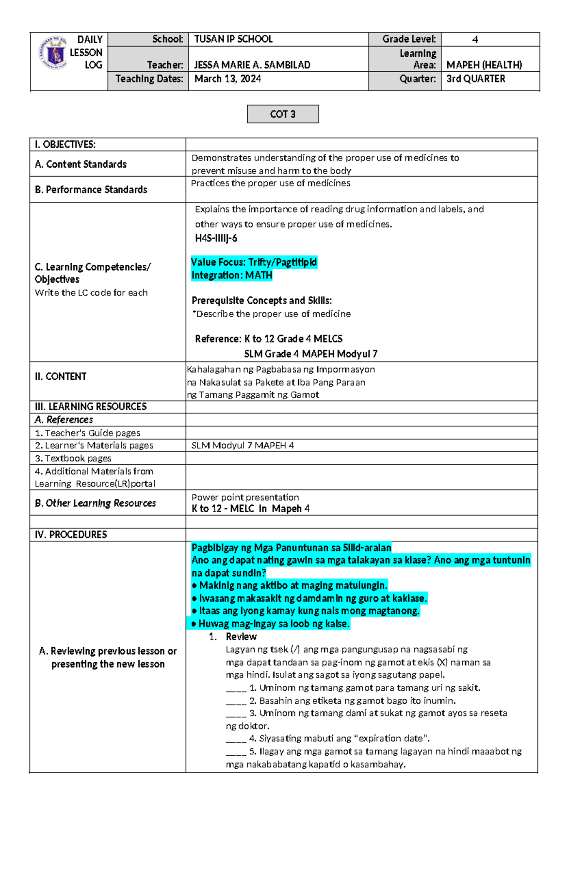 Jessa CO 3 MAPEH Health - Lesson Plan on Proper Medicine Use - Studocu
