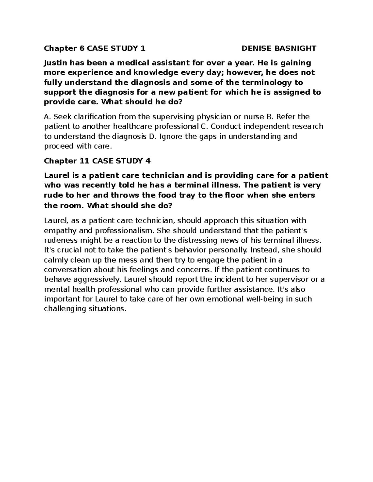 Chapter 6 & 11 Case Studies: Patient Care Scenarios & Solutions - Studocu